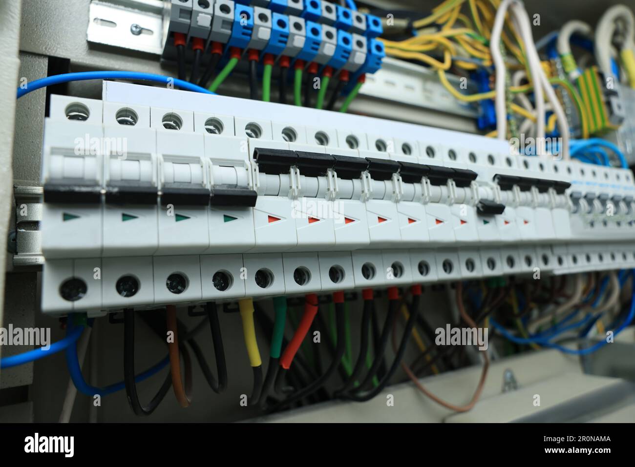 Electrical panel with many wires in fuse box, closeup Stock Photo - Alamy