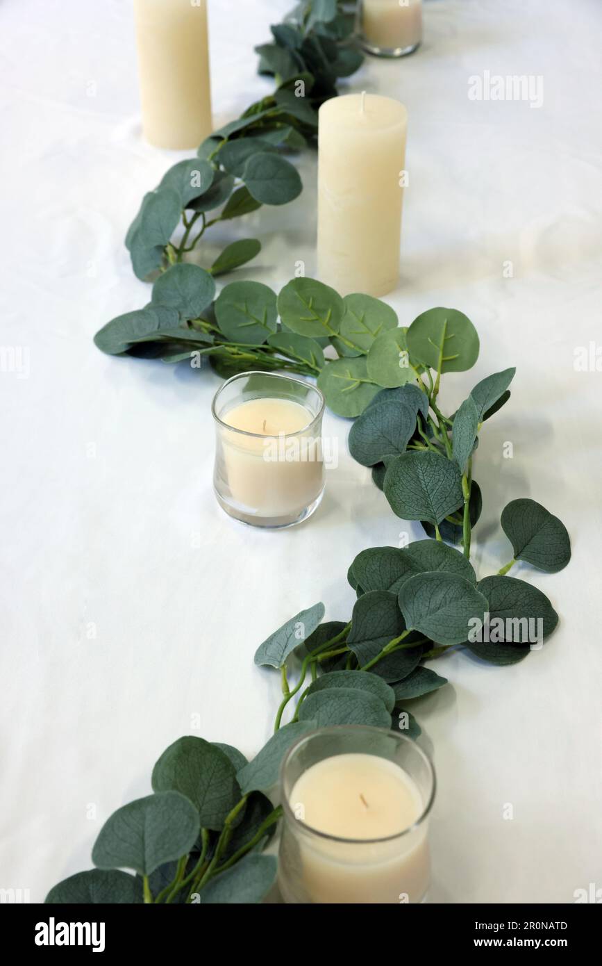 Beautiful table setting with eucalyptus branches and candles Stock ...