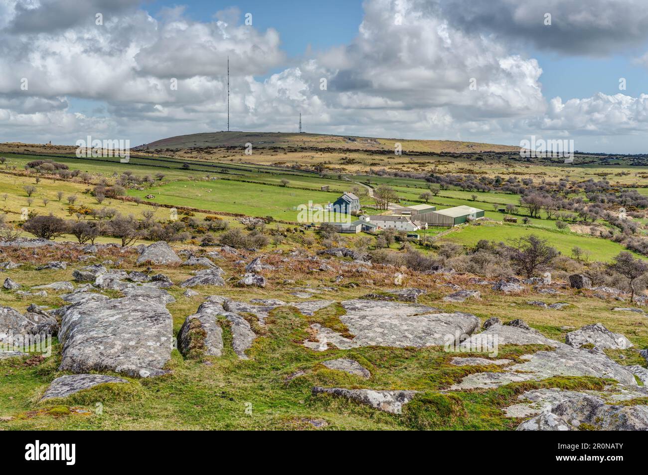 A landscape from Tregarrick Tor to Caradon masts over rugged moorland ...