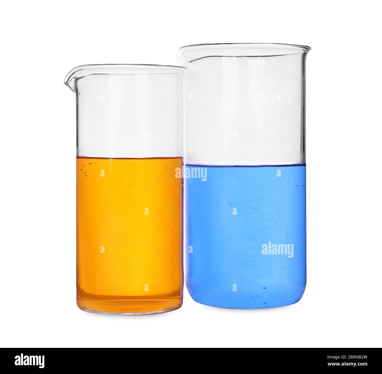 Glass beakers with colorful liquids on white background Stock Photo - Alamy
