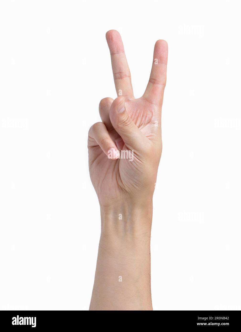Close-up of man hand showing two fingers with white background Stock ...