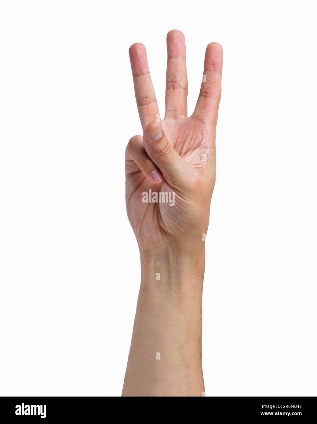 Man hand showing three fingers on a white isolated background Stock ...