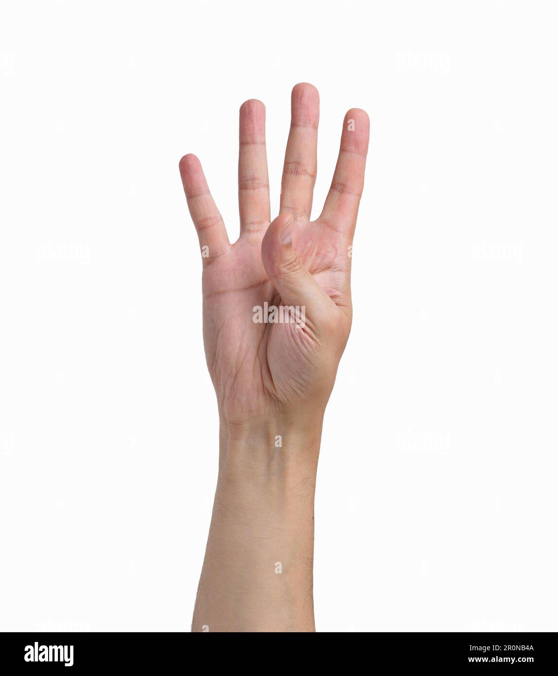 Close-up of man hand showing four fingers with white background Stock ...
