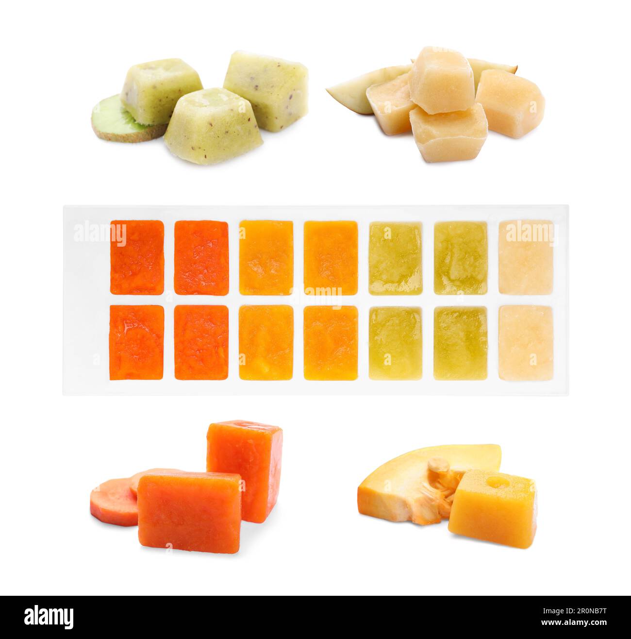 Set with different frozen puree in ice cube trays and ingredients on ...