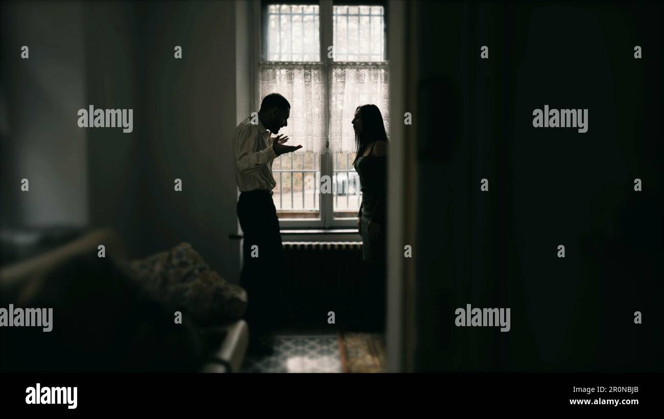 Silhouette of couple fighting each other, arguing and yelling at one ...