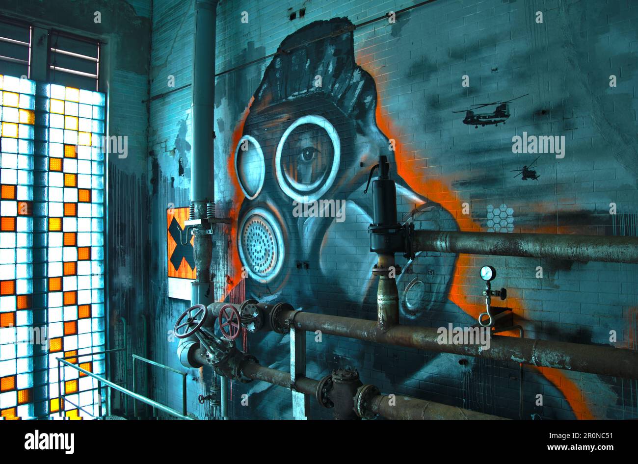 Street art picture in the old boiler house of the abandoned consumer ...
