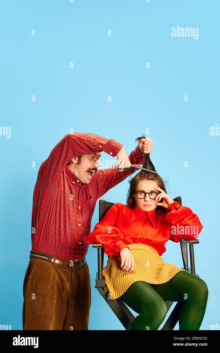 Portrait with sad, upset woman, client and crazy barber, female ...