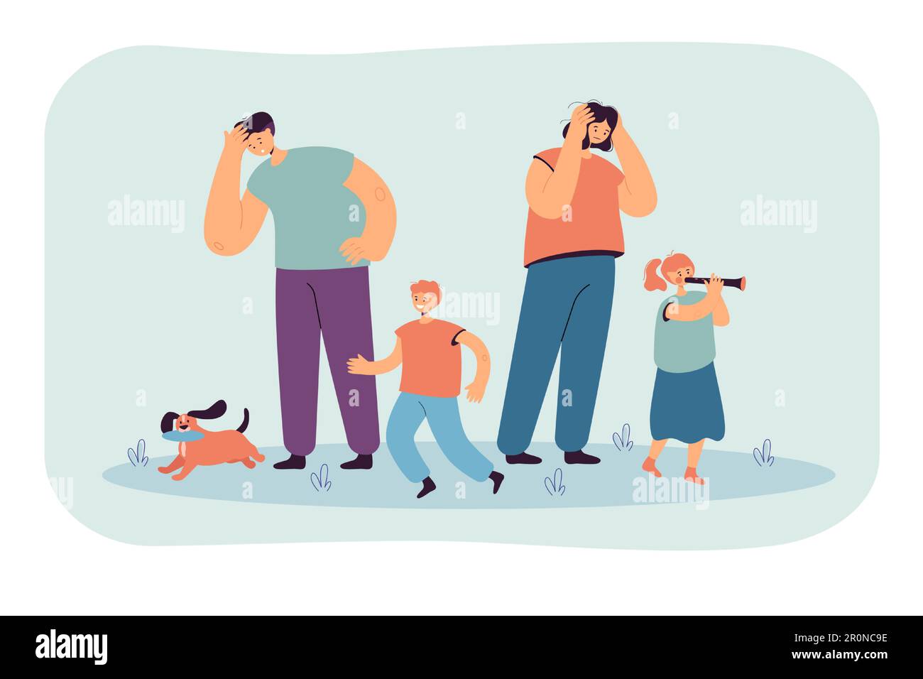 Tired parents looking at happy children Stock Vector Image & Art - Alamy