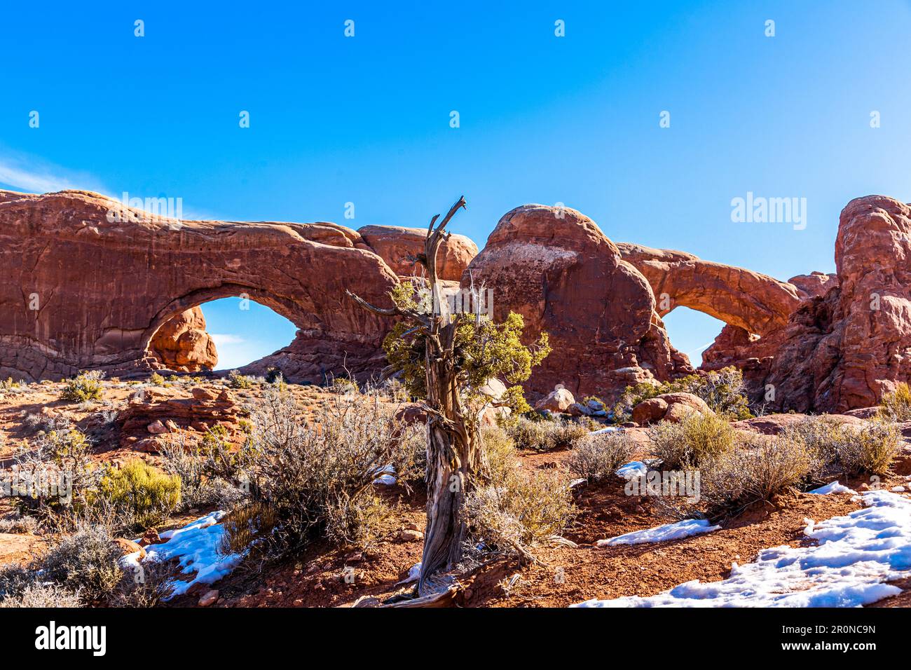 View on North and South Window arch in the Arches National Park Stock ...