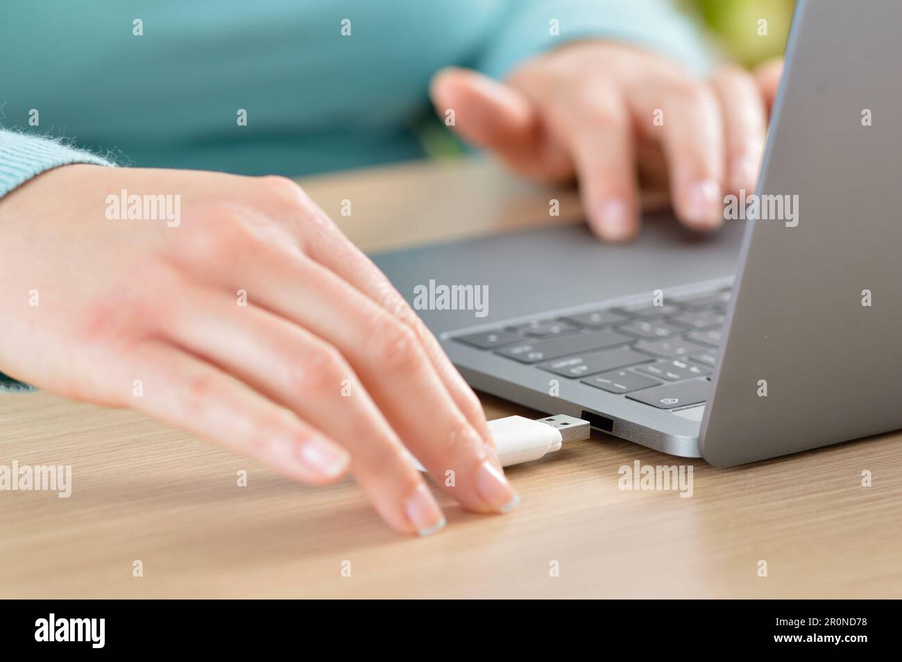 Close up of a woman hand connecting a pendrive in a laptop on a desktop ...