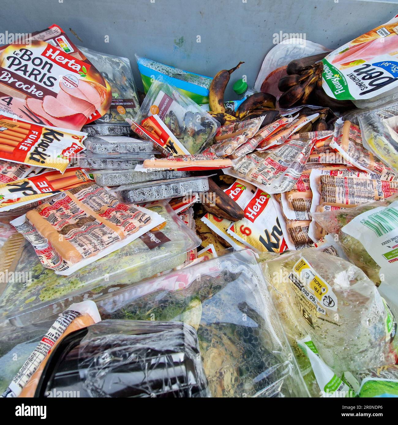 Expired foods in a garbage dumpster, Lyon, France Stock Photo - Alamy