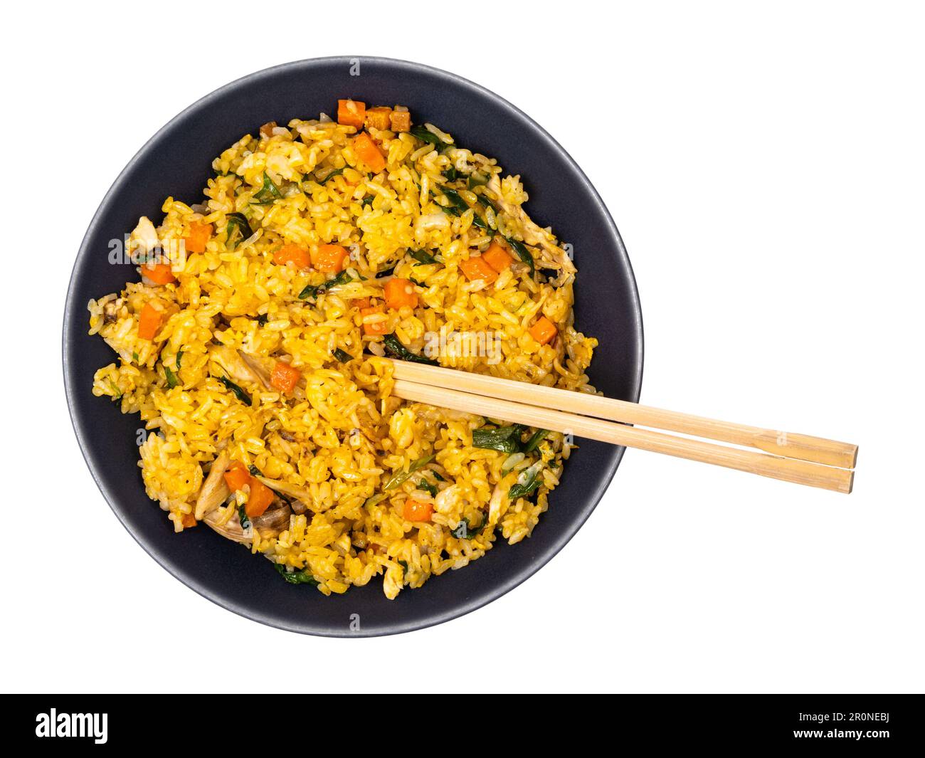 top view of Vietnamese Fried Rice with vegetables and chicken in bowl ...