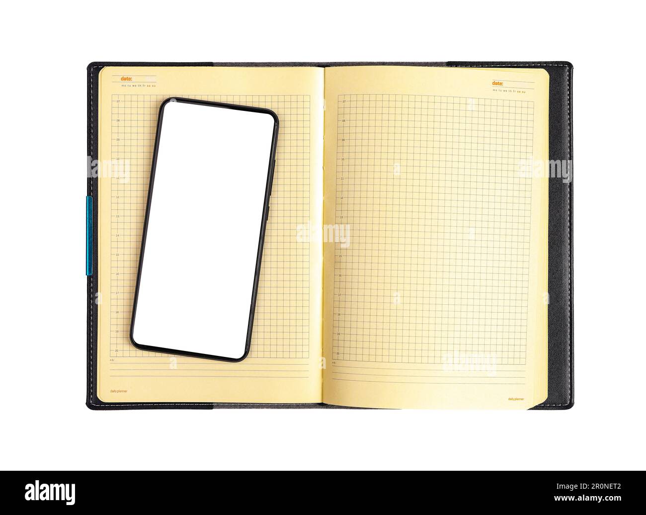 Open planner, note book, blank with mobile phone mockup isolated on ...