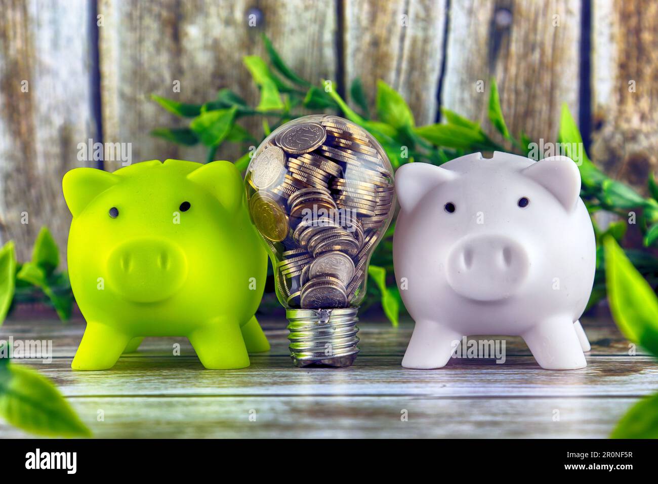 Two piggy banks and coins inside the light bulb. Green eco energy ...