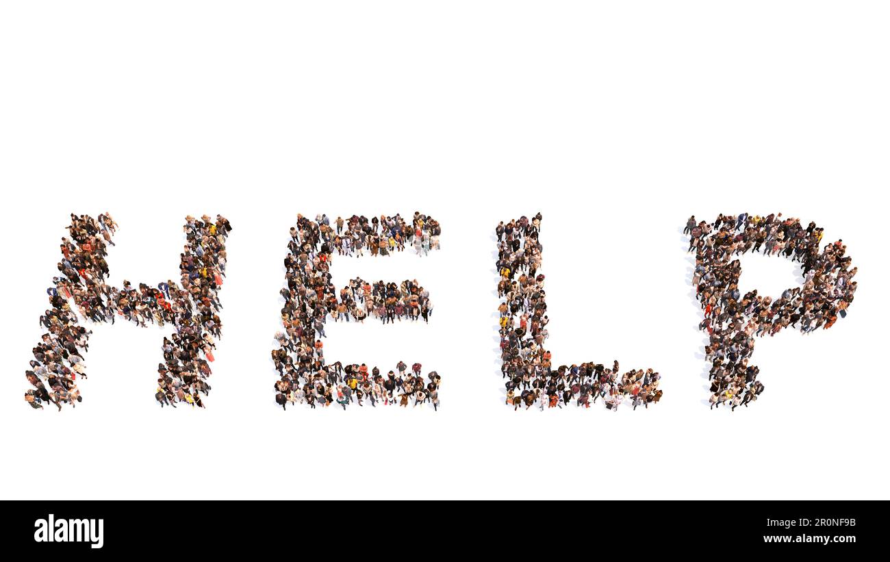 Conceptual large community of people forming HELP slogan. 3d ...