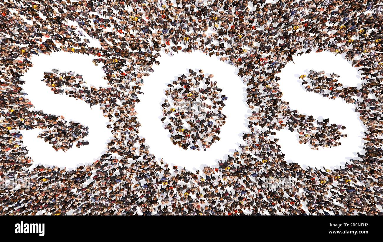 Conceptual large community of people forming SOS message. 3d ...