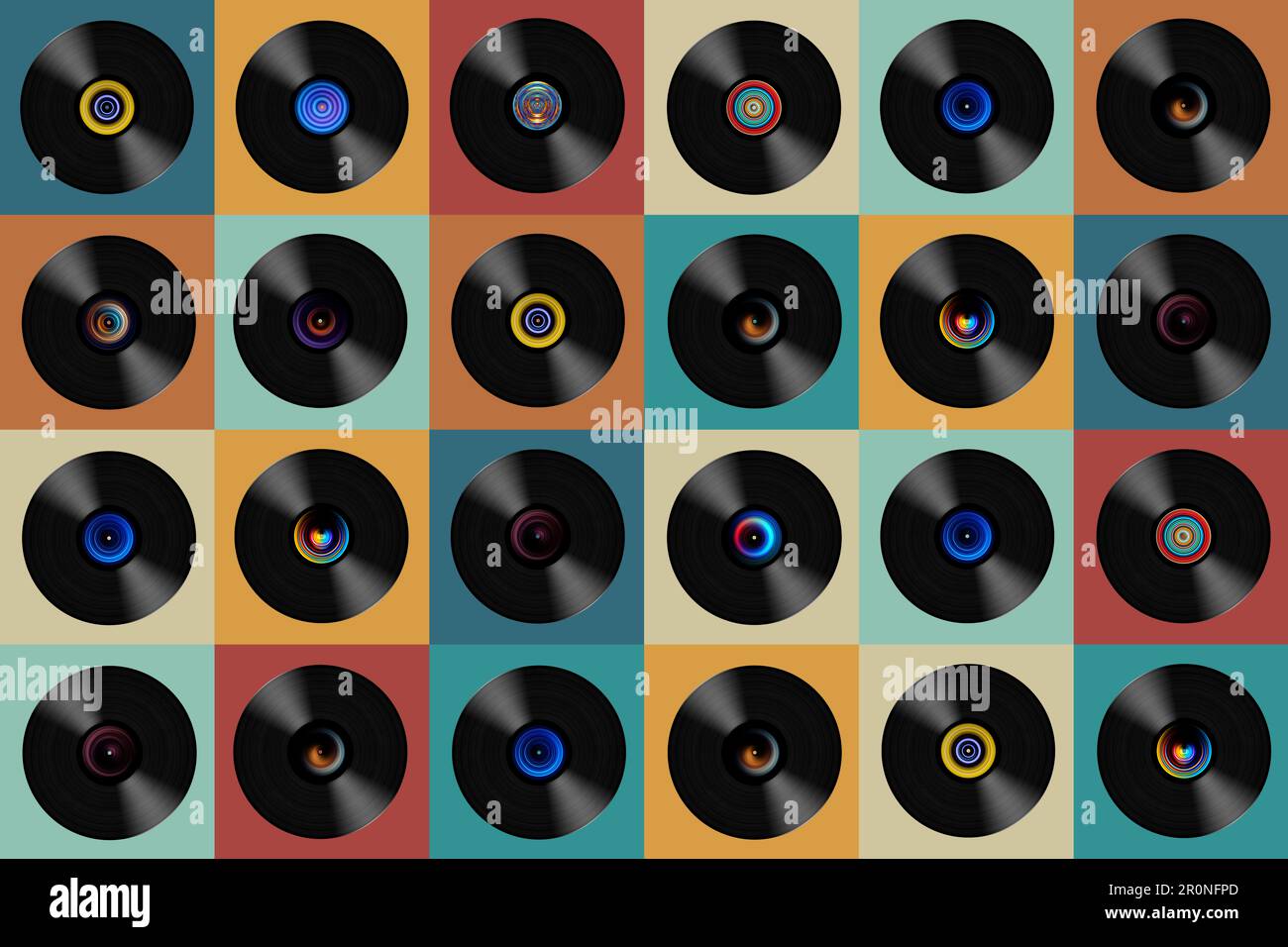 Retro Vintage Vinyl Records on Colorful Square background Stock Photo ...