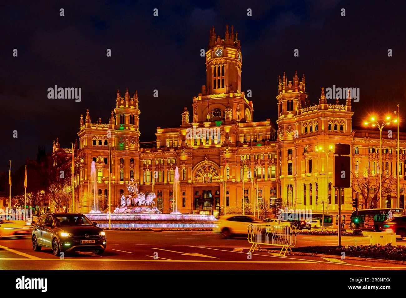Building architecture and night scene in Madrid, Spain. Madrid is the ...