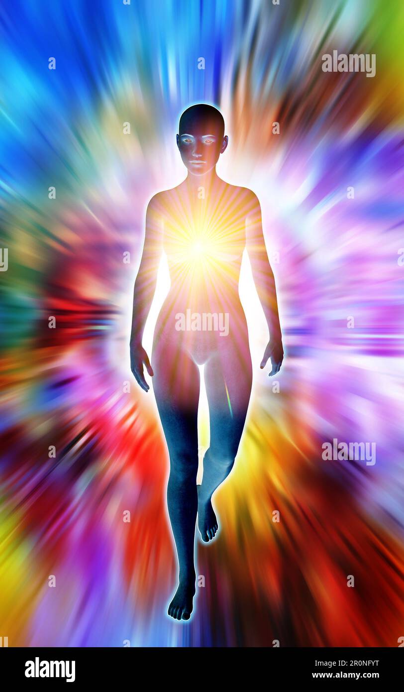 humanoid figure walking surrounded by an explosion of colorful lights ...