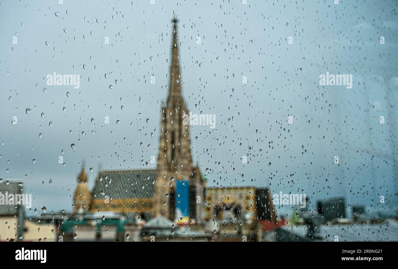 view through the window with raindrops of the St. Stephen's Cathedral ...
