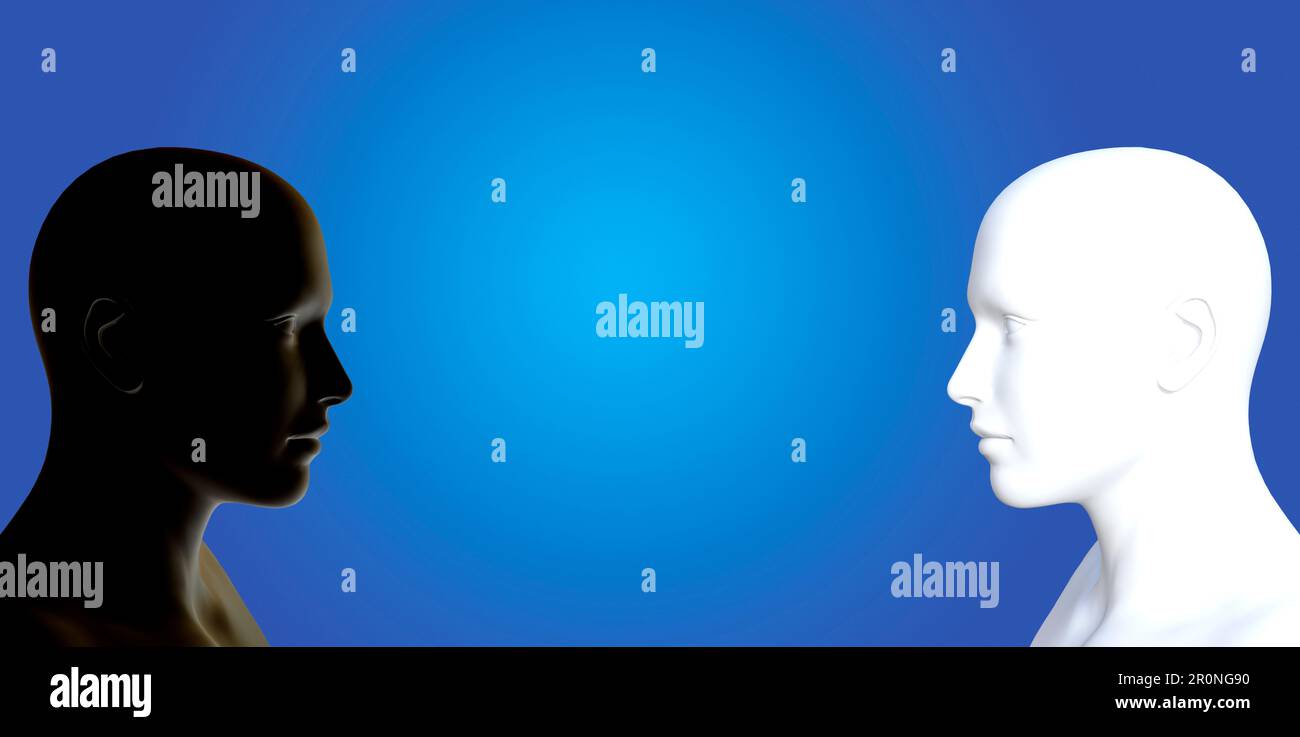 humanoid heads facing each other, one black one white Stock Photo - Alamy