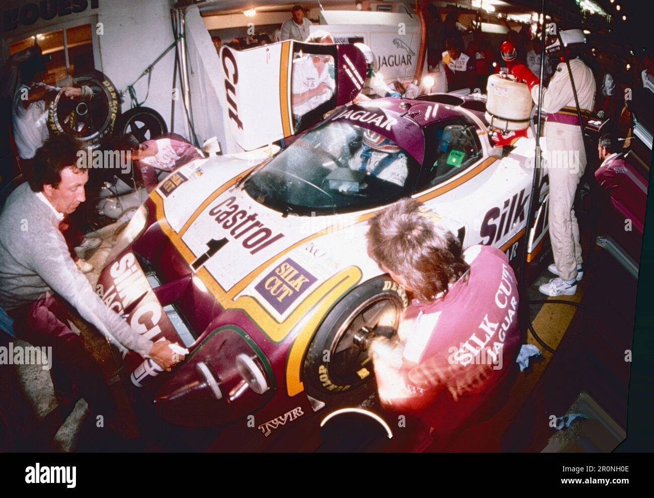 Jaguar XJ220 racing car Silk Cut team at the pit stop, Le Mans, France ...