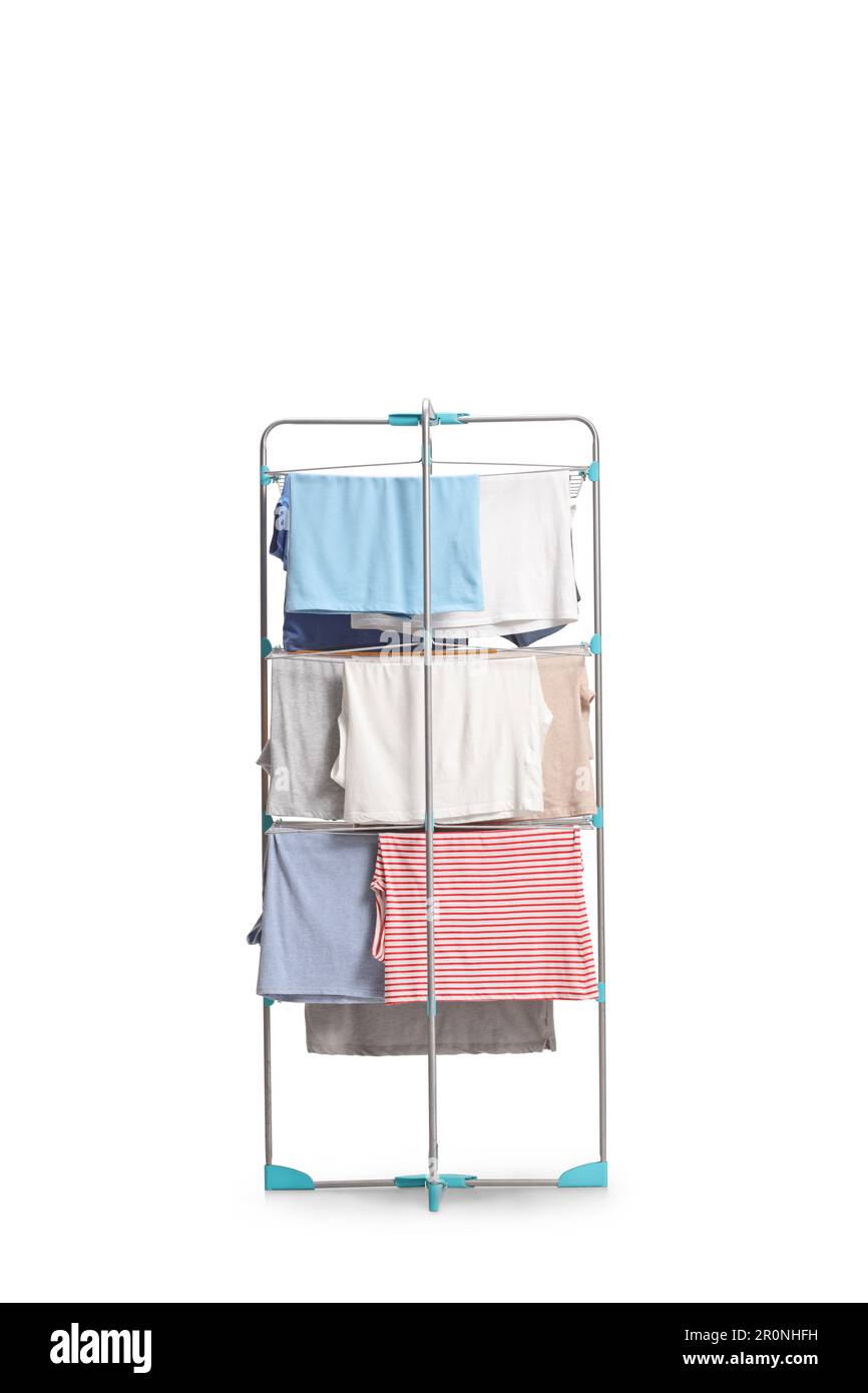 Vertical clothes line with clothing isolated on white background Stock ...