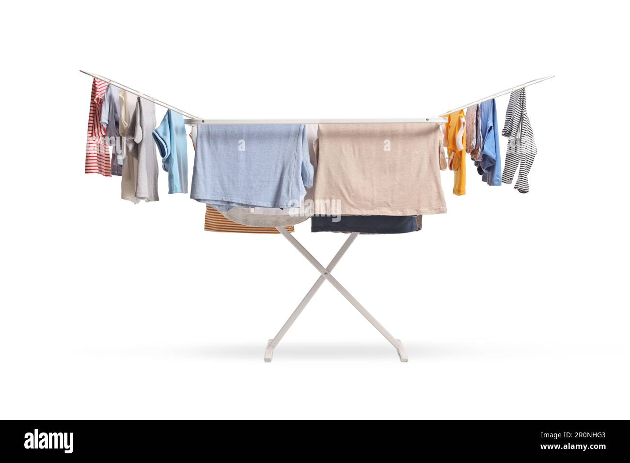 White washing line with clothes hanging isolated on white background ...