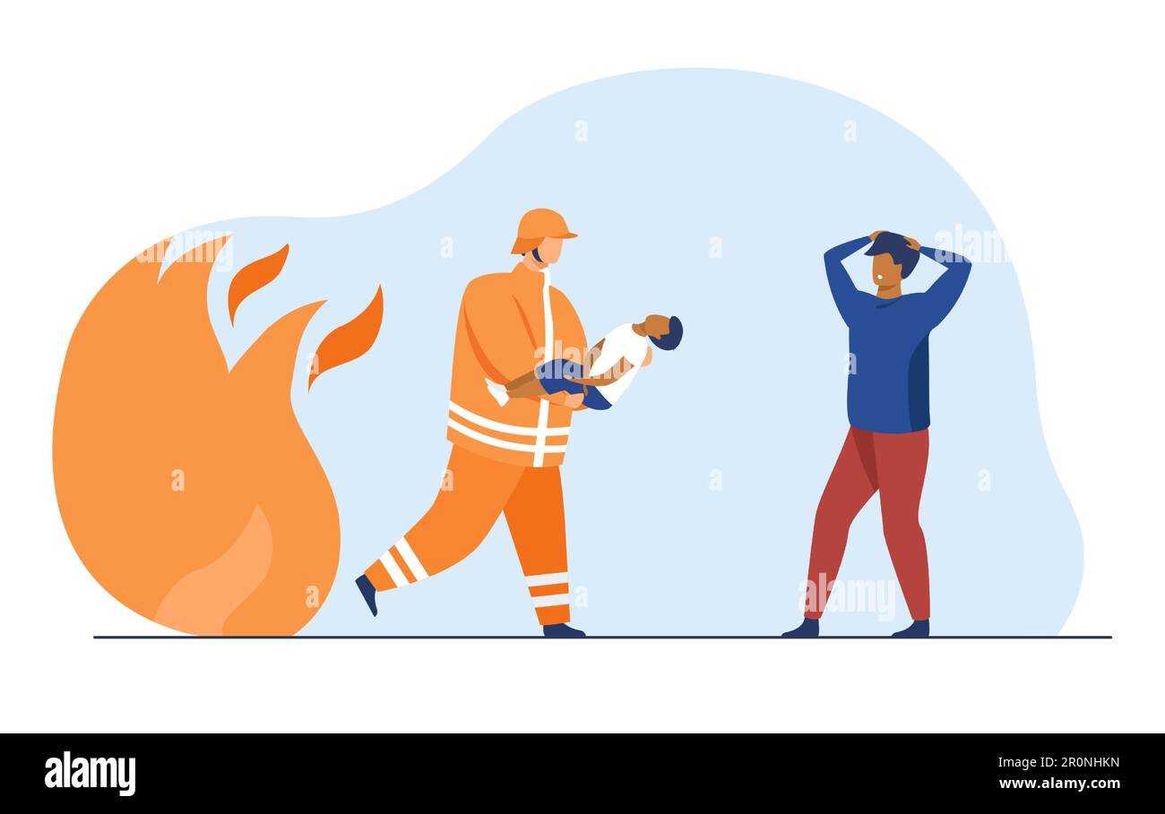 Brave firefighter carrying little boy and saving him from fire Stock ...