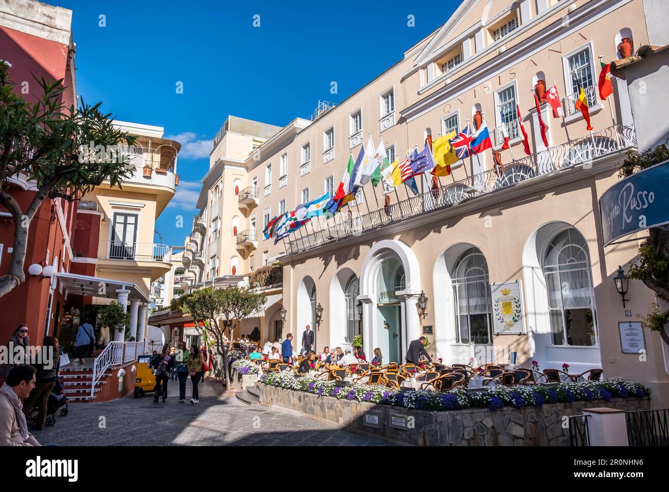Capri shopping streets with Hotel Quisisana, Capri Island, Gulf of ...