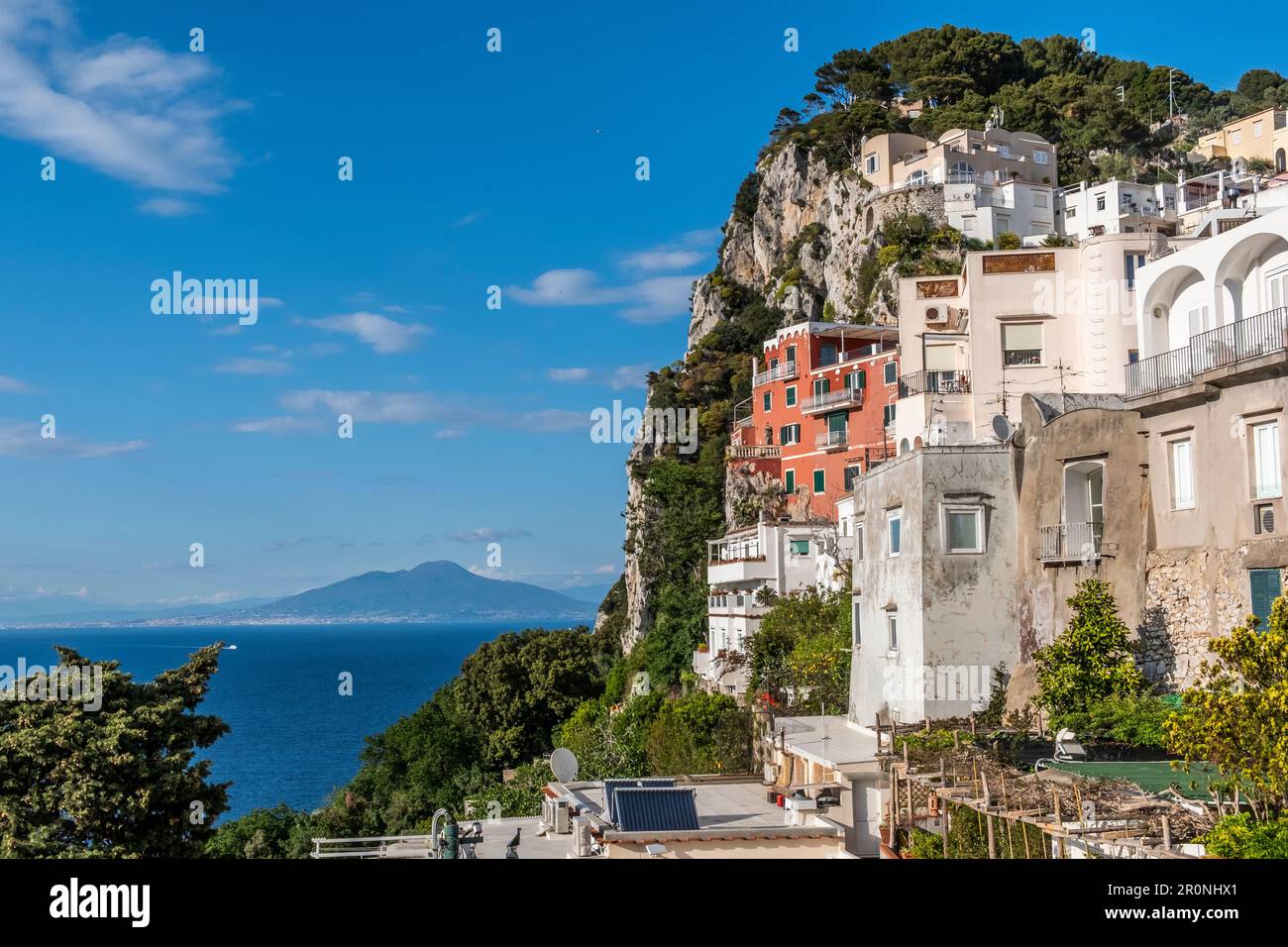 View of houses from Capri and Vesuvius in the background, Capri Island ...