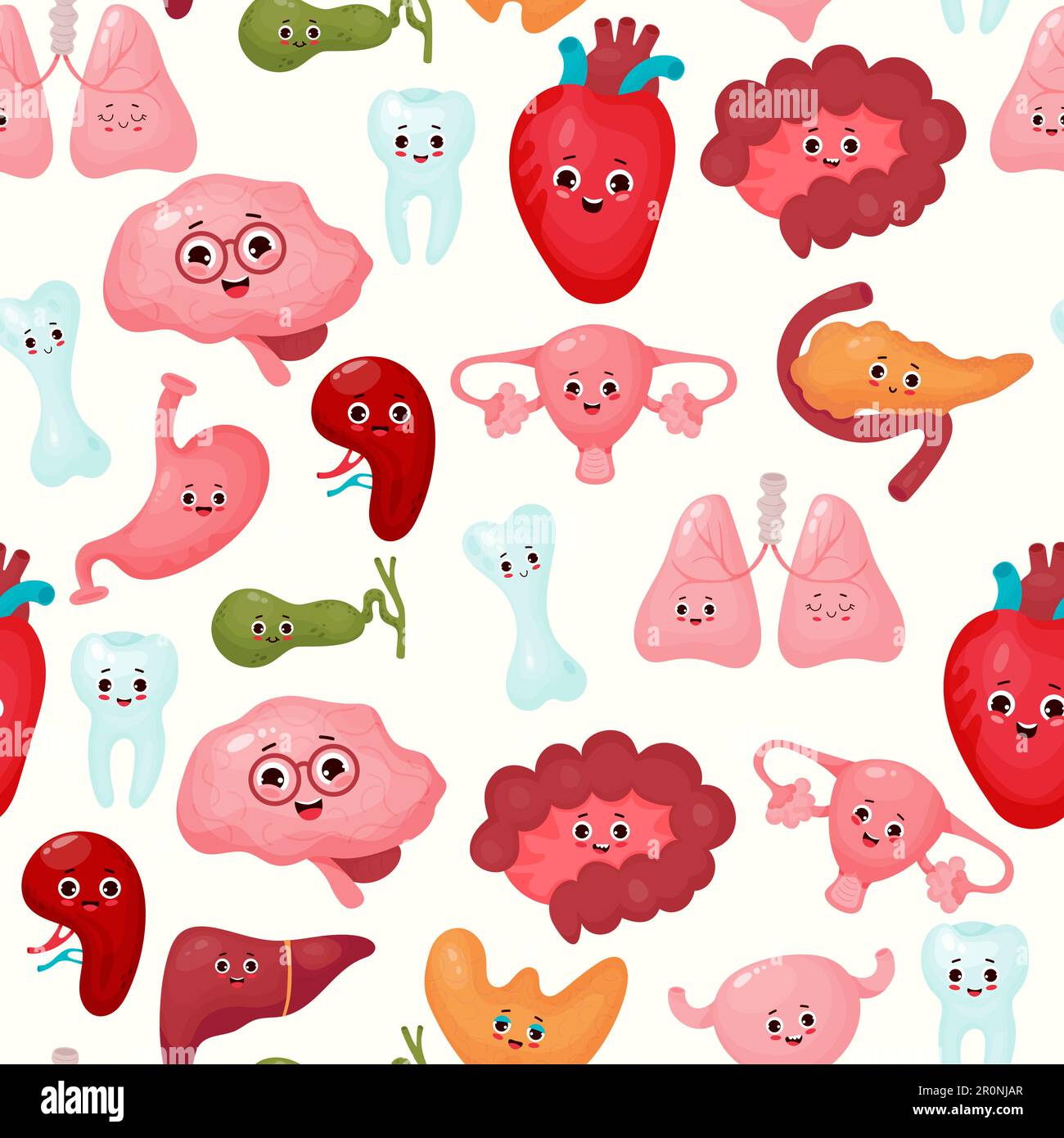 Seamless pattern with internal organs. Cute cartoon human organs characters kawaii on white ...