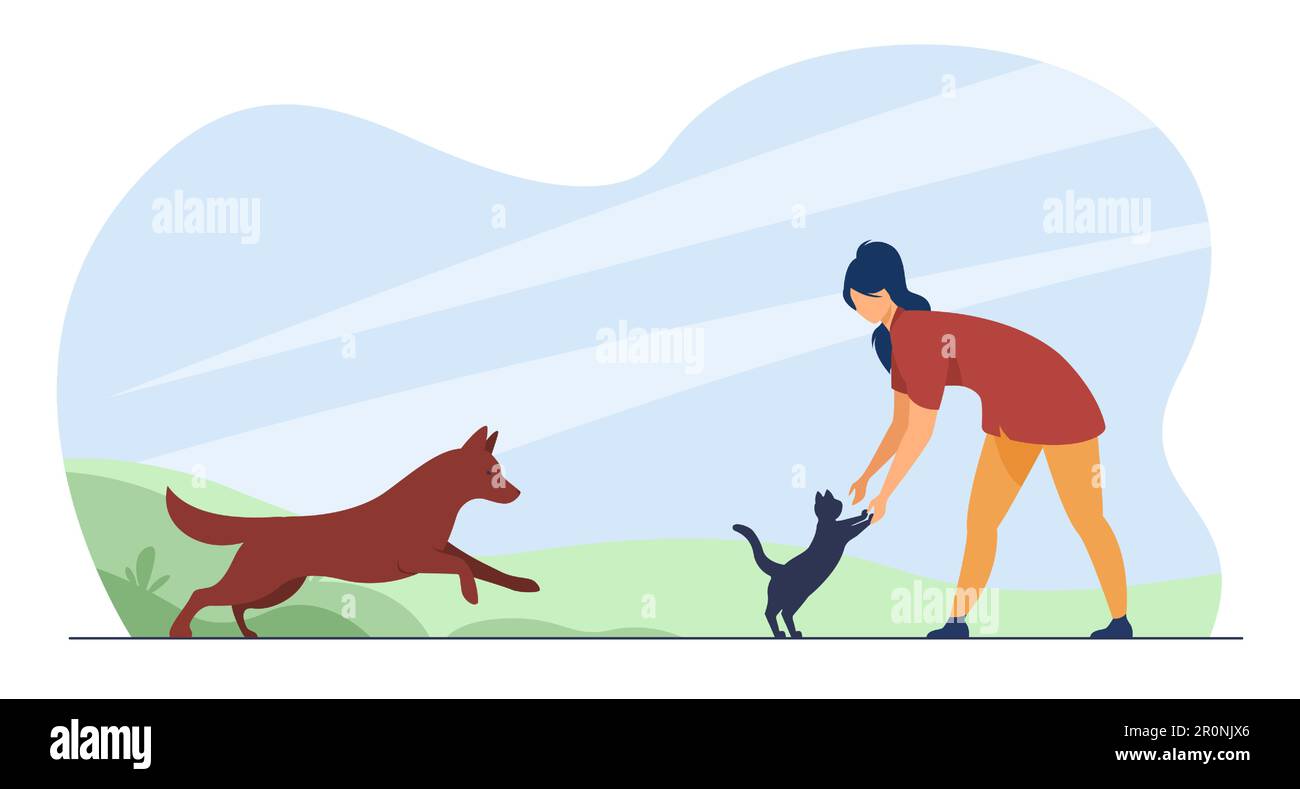 Woman playing with pets outside Stock Vector Image & Art - Alamy