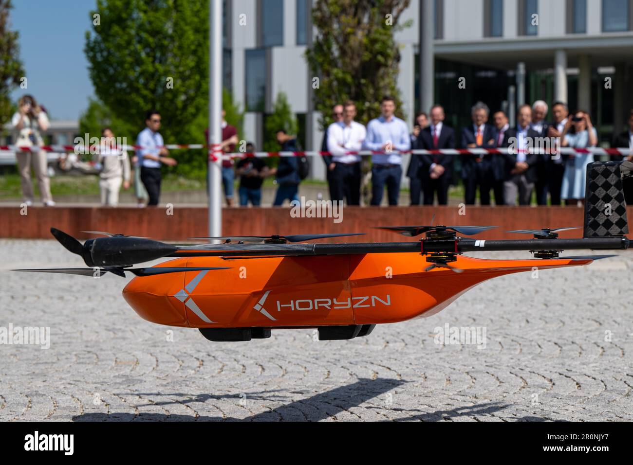 Garching, Germany. 09th May, 2023. The Horyzn drone project's Mission Pulse drone, which can fly ...