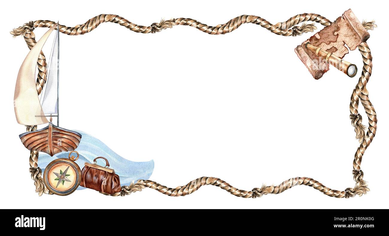 Frame of ship rope, sailboats watercolor illustration isolated on white ...