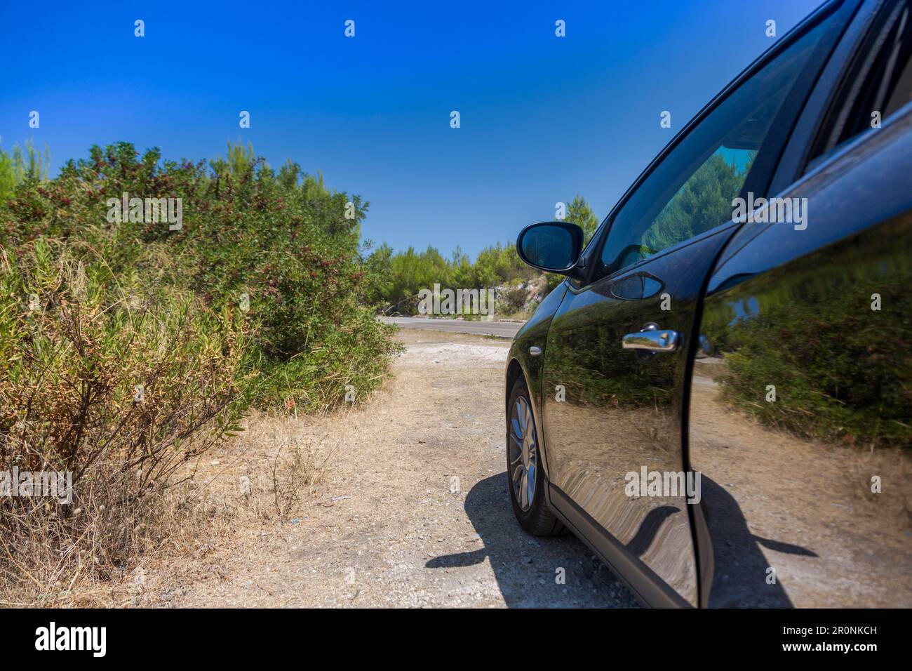 A black car is parked on a dirt road in front of a bush near the ...