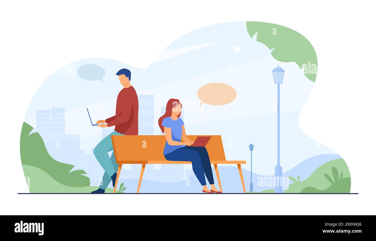 Two people sitting in park and working on laptops Stock Vector Image ...