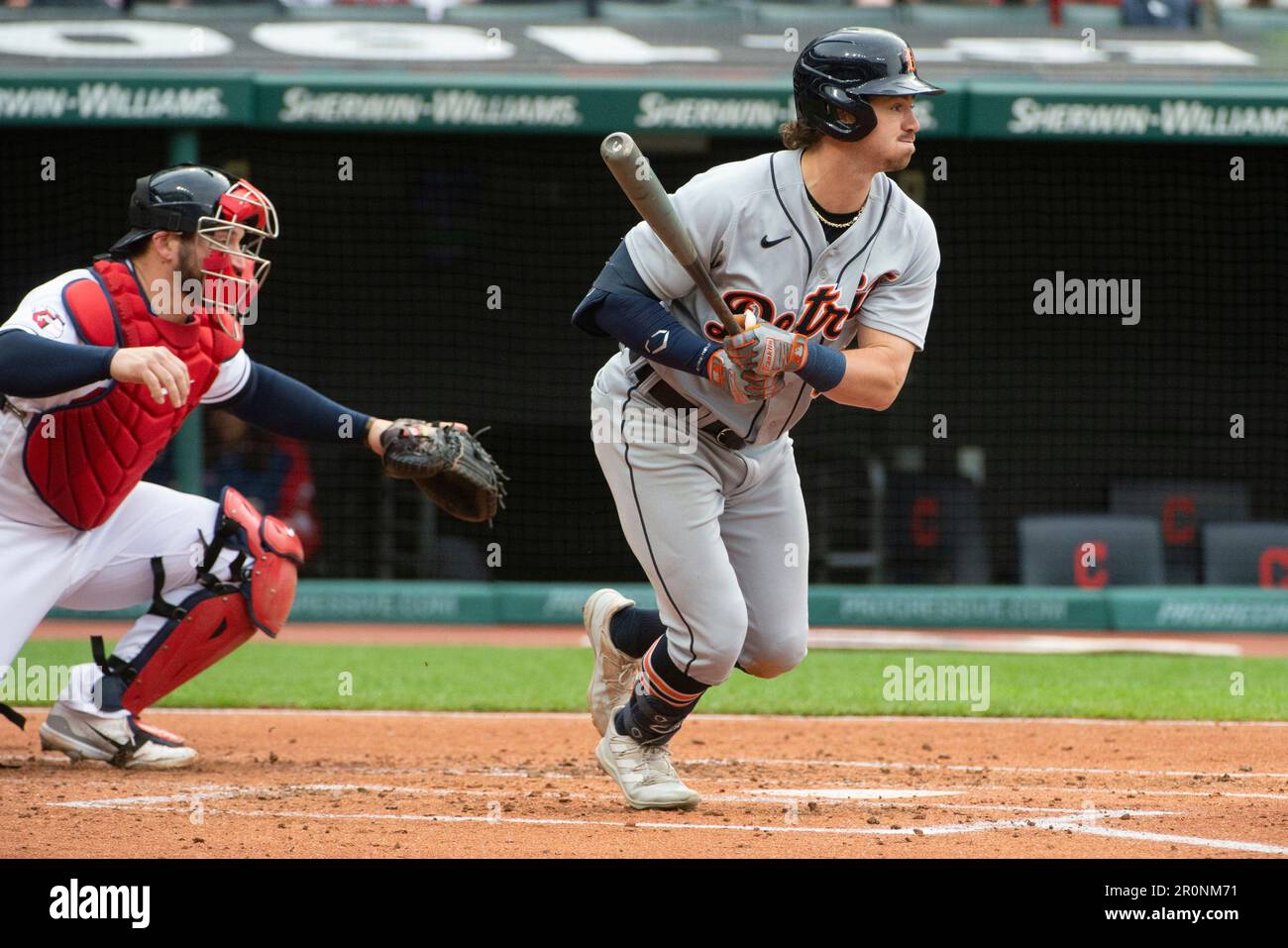 Detroit Tigers' Zach McKinstry heads to first base on an infield hit as ...