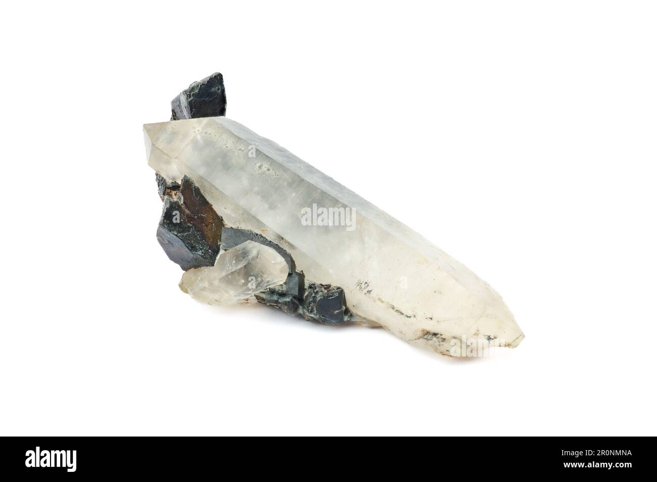 quartz crystal rod with magnetite macro detail white isolated ...