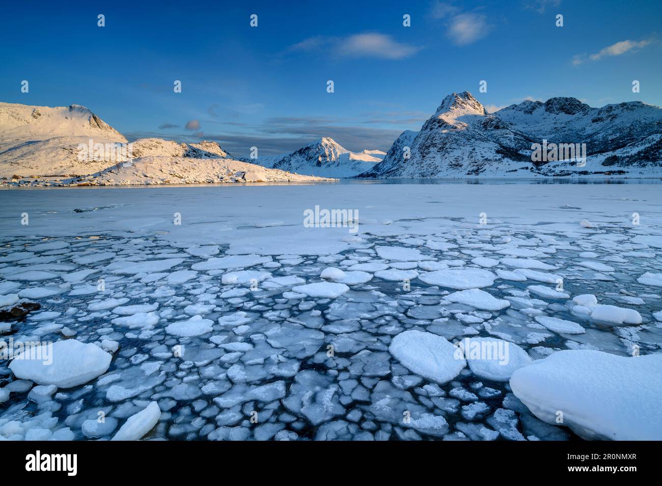 Ice floes floating in sea bay, snowy mountains in the background ...