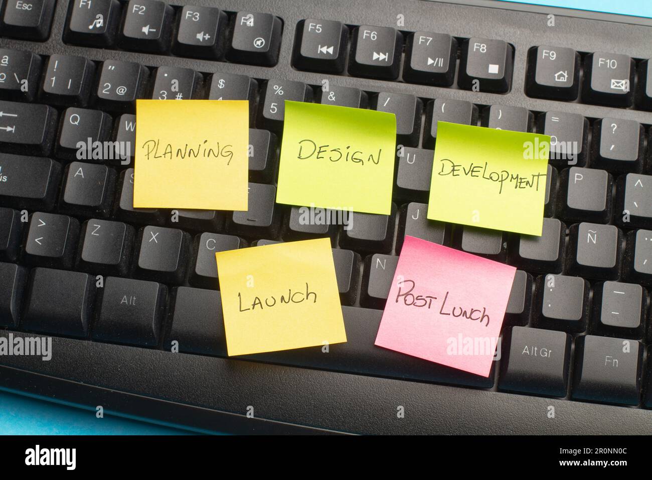 A black computer keyboard and colored paper notes with words on a blue ...