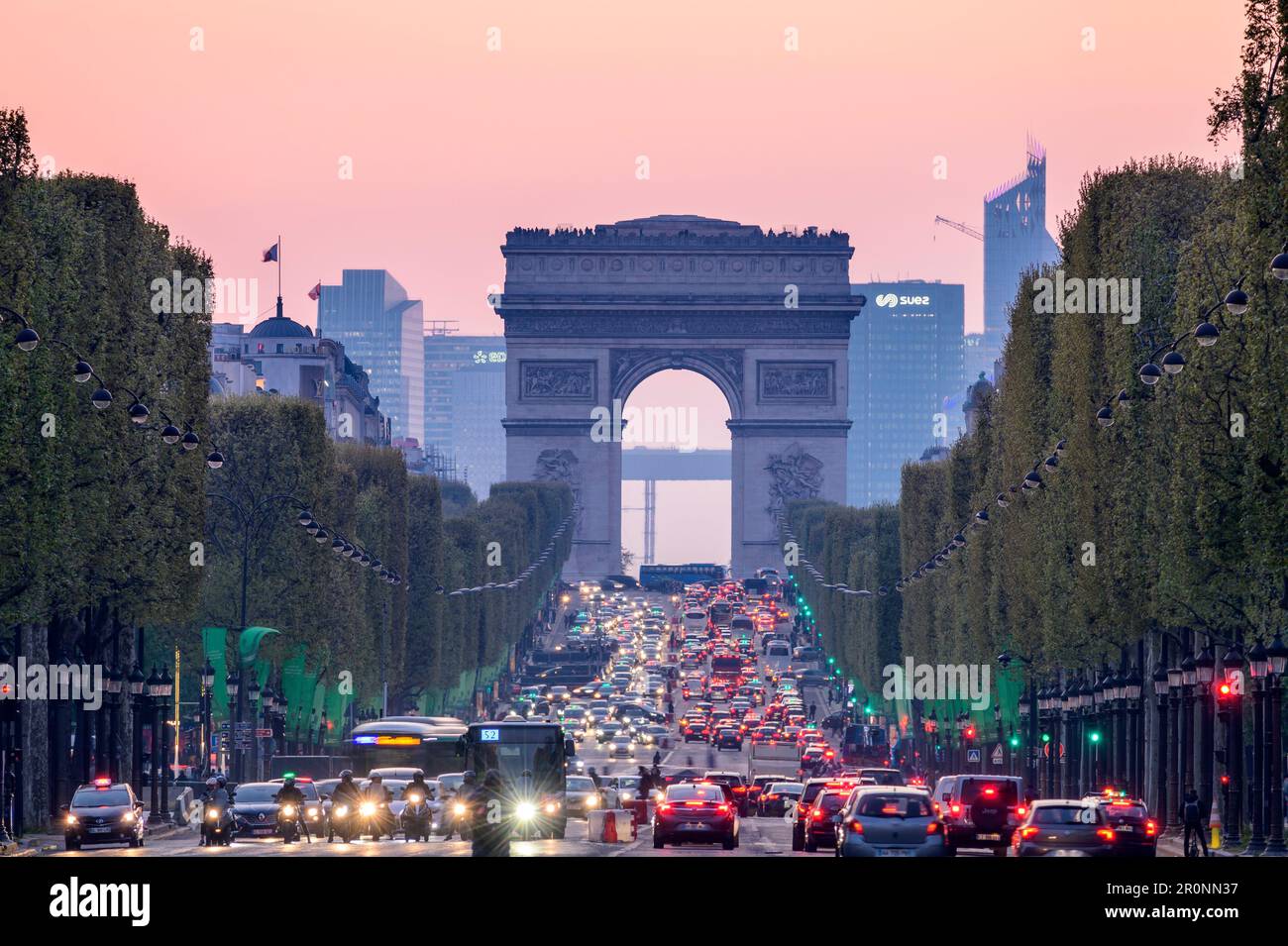 Evening Champs-Elysees with Arc de Triomphe and La Defense in the ...