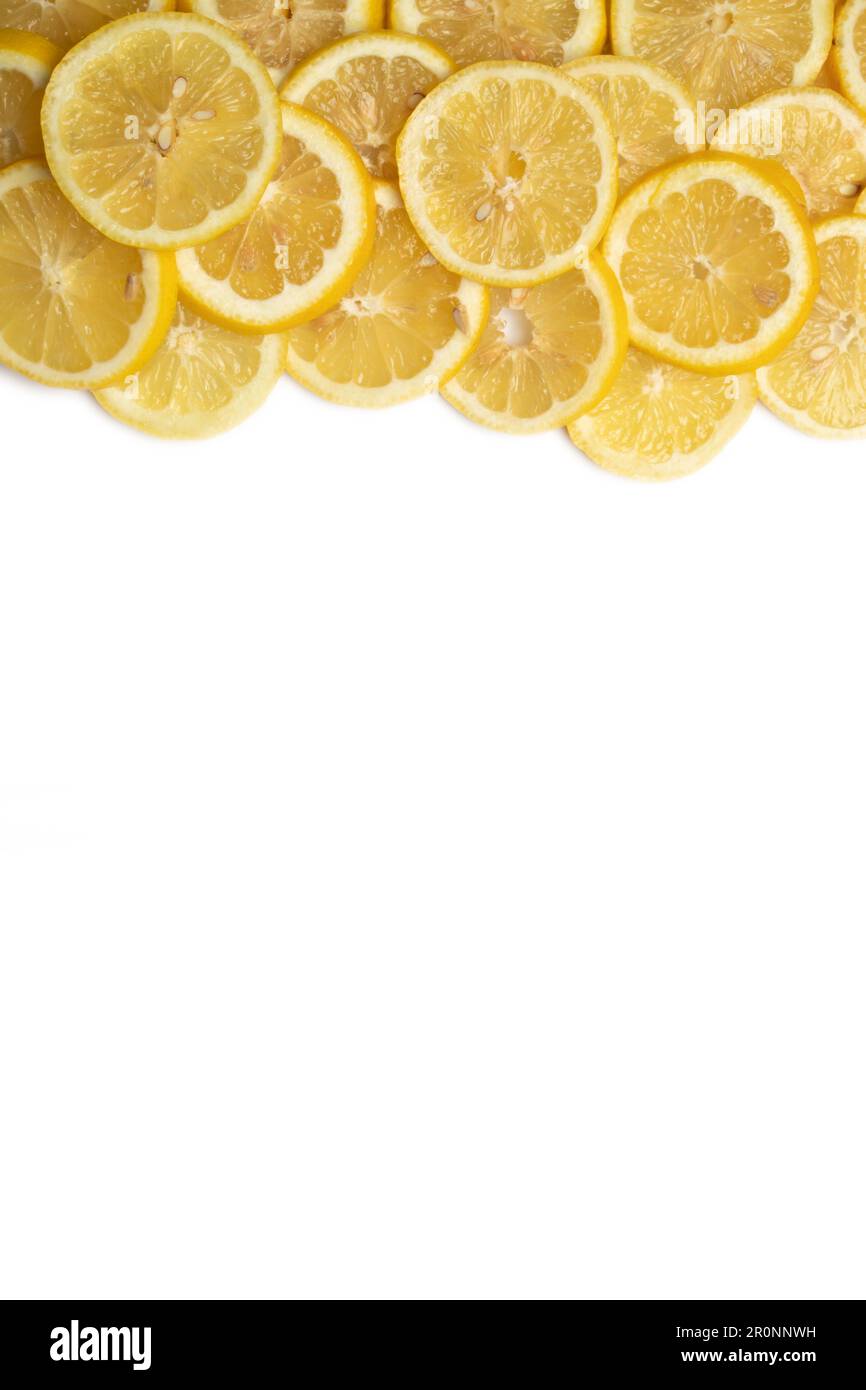 vertical overlapping lemon slices footer on white background with copy ...