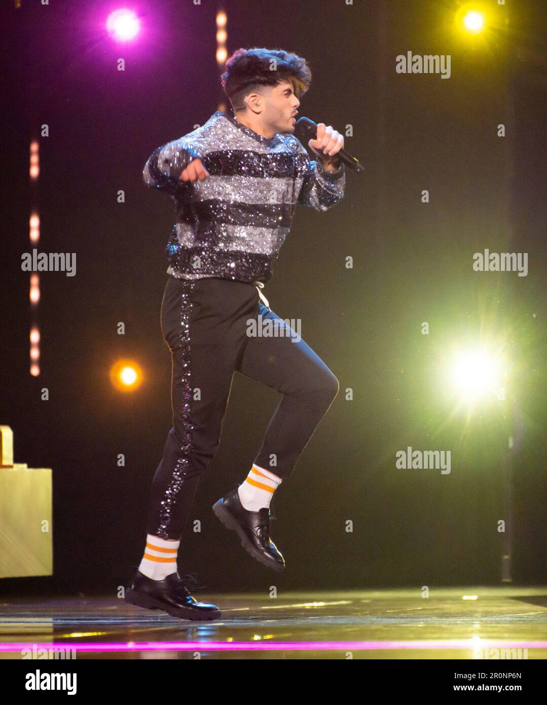 Liverpool, UK. May 8, 2023. The Busker rehearsing for Malta with the ...