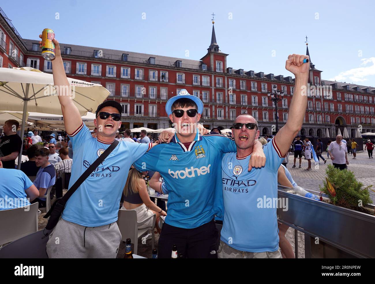 Manchester City fans in Plaza Mayor ahead of the UEFA Champions League ...