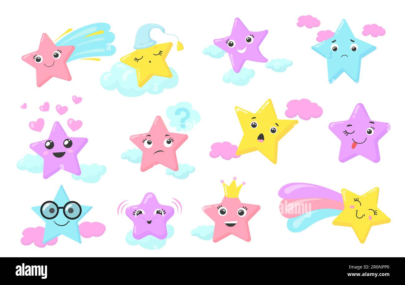 Colorful cute star in different poses flat illustration set Stock ...