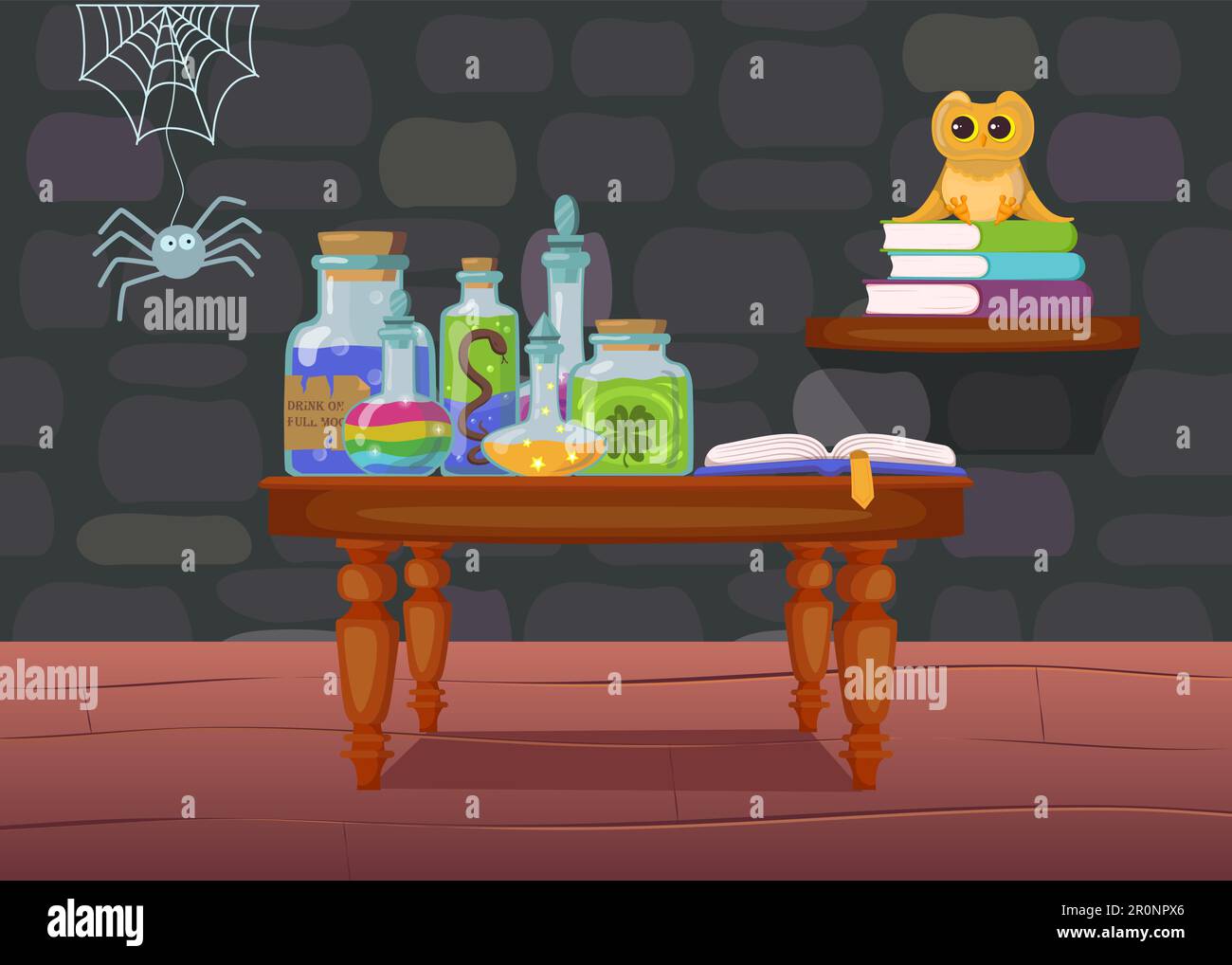 Witch house with potion in bottles, book on table Stock Vector Image ...