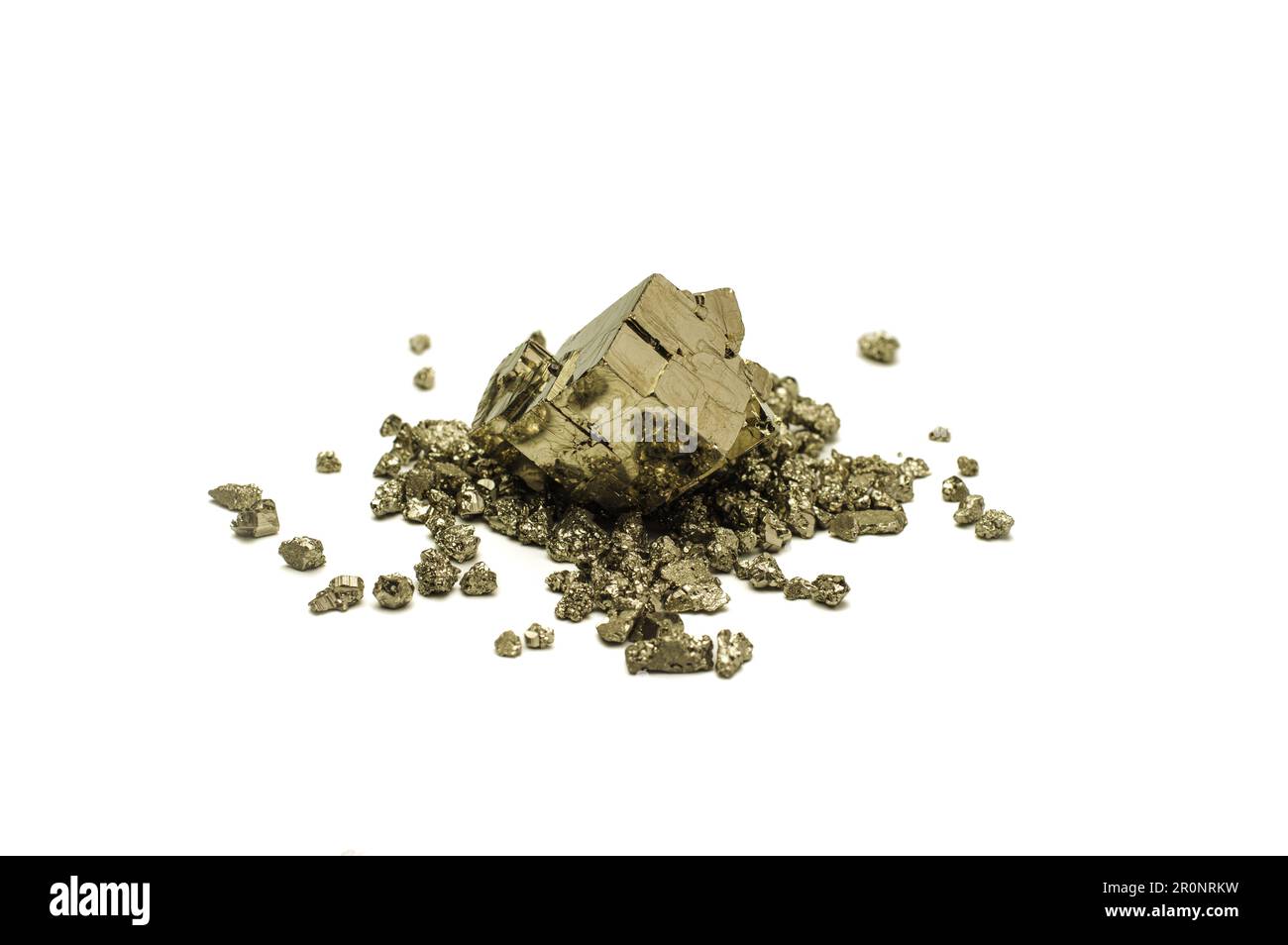 Pyrite macro detail white isolated background. close-up Rough raw ...