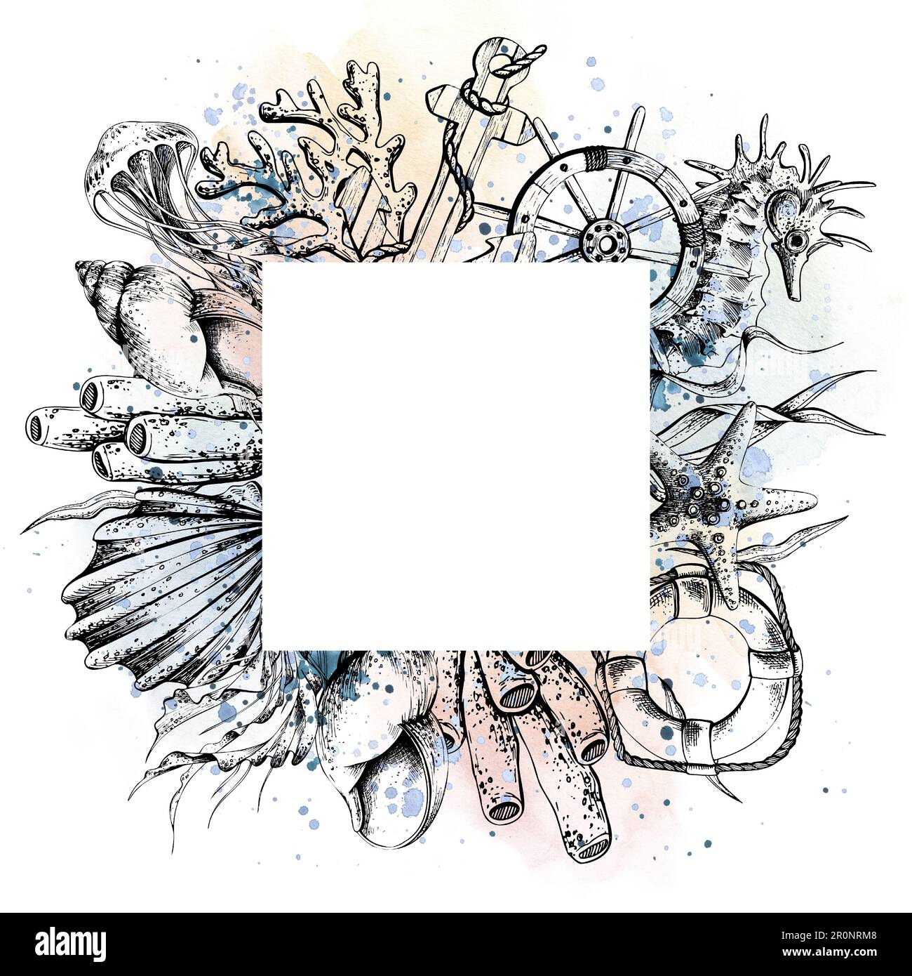 Nautical square frame, template with hand drawn seahorse, jellyfish ...