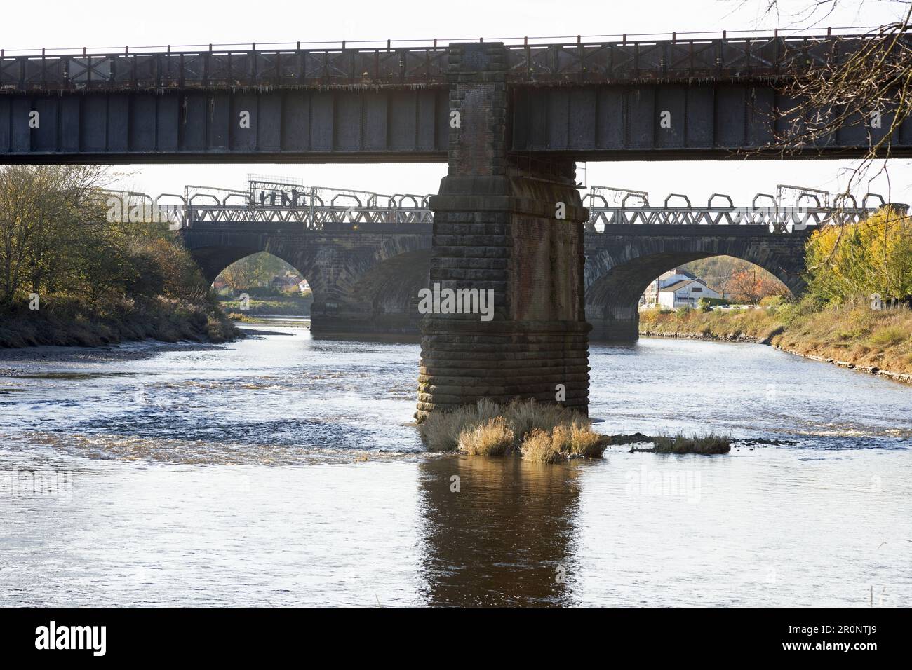 Railway viaducts spanning the River Ribble at Preston Lancashire ...